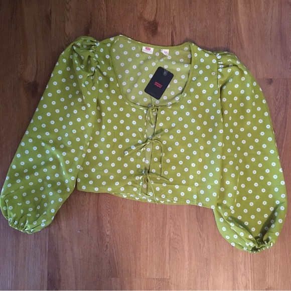 Levi's | Tops | Levis Green Daisy Print Floral Tie Open Front Long Puff ...